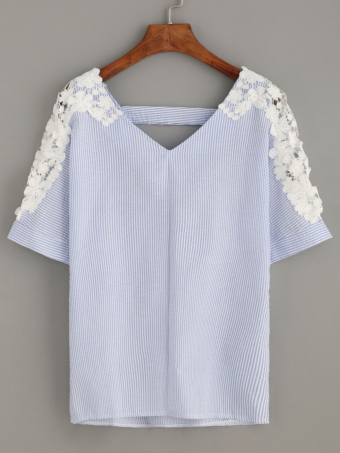 Top à rayure col V avec dentelles - Shein - Pickture