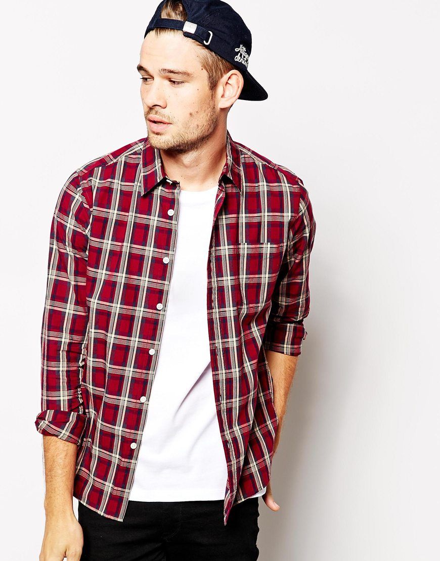 ASOS Check Shirt In Long Sleeve - Burgundy - Asos - Pickture